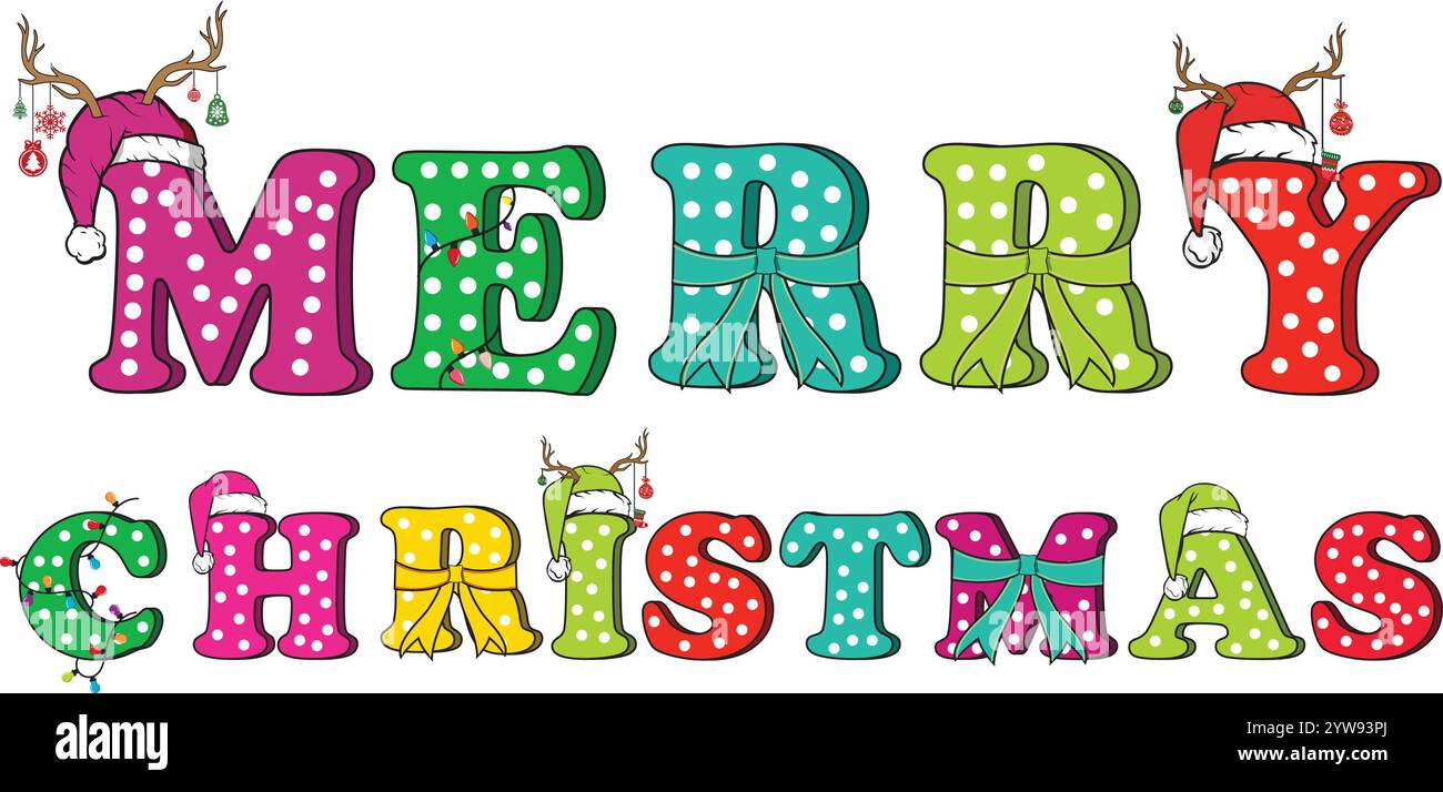 Merry Christmas 3d text with Christmas hat and lights Stock Vector ...