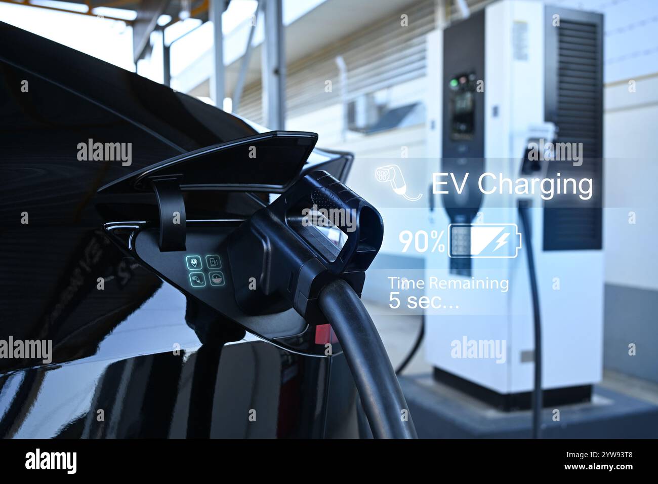 An electric car plugged into a charging station, displaying digital ...