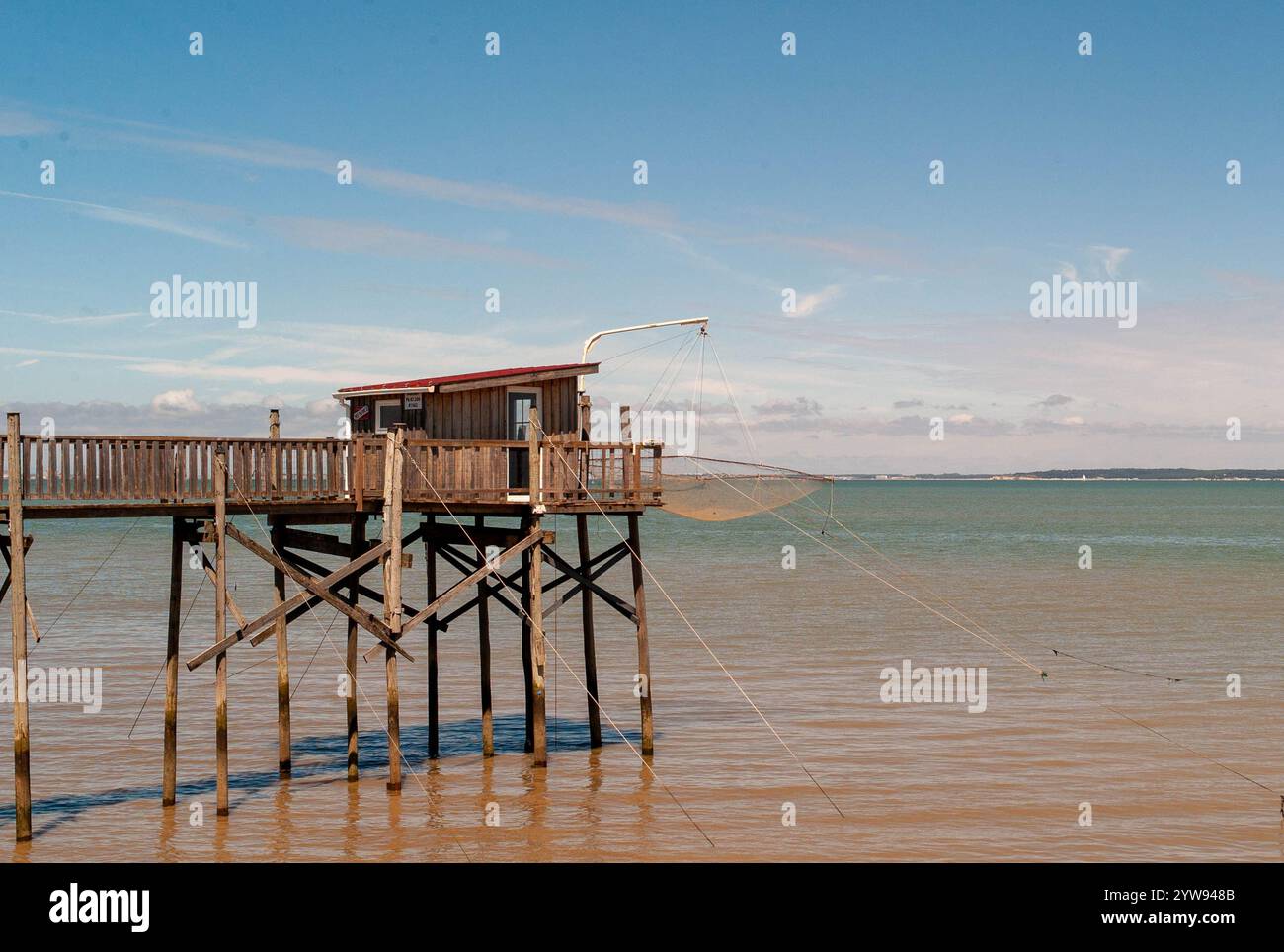 Fishermens hut with suspended nets, carrelets, on the Gironde Estuary ...