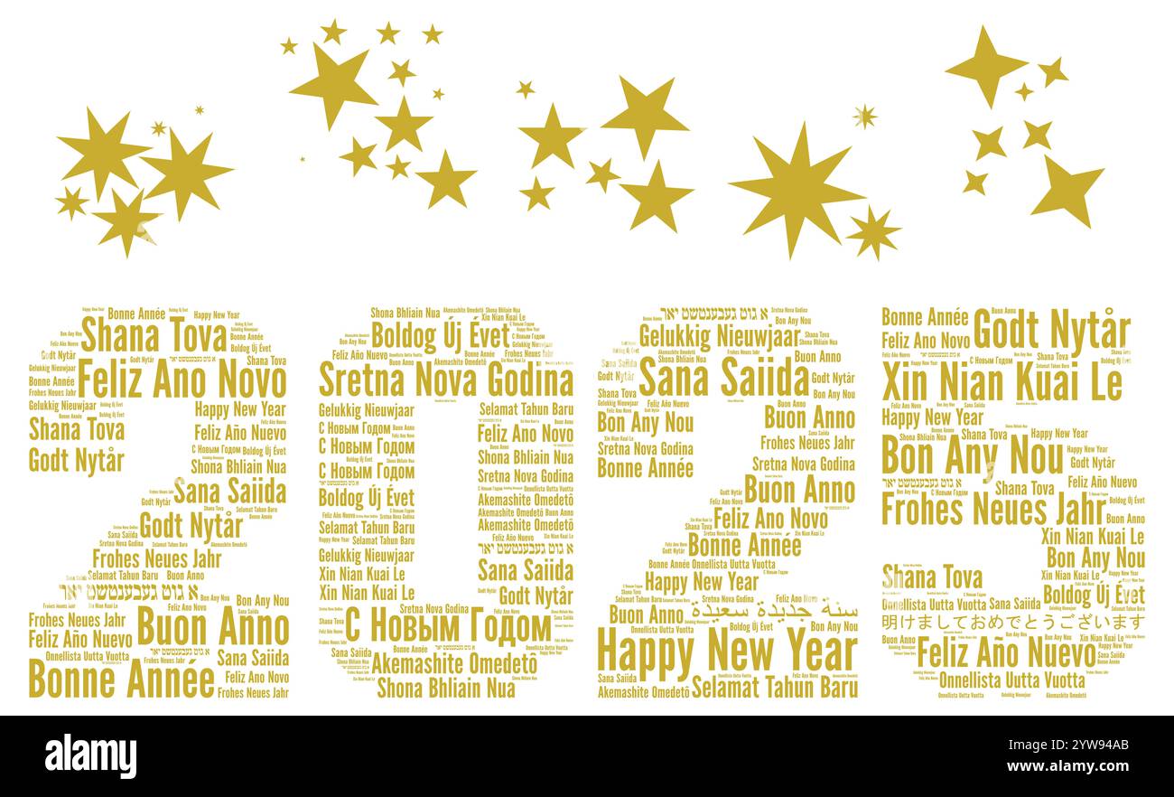 Happy New Year 2025 word cloud in different languages Stock Photo - Alamy