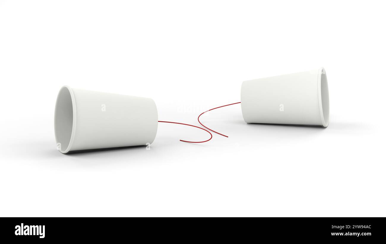 Paper cups and non-stretchable string isolated on white background ...