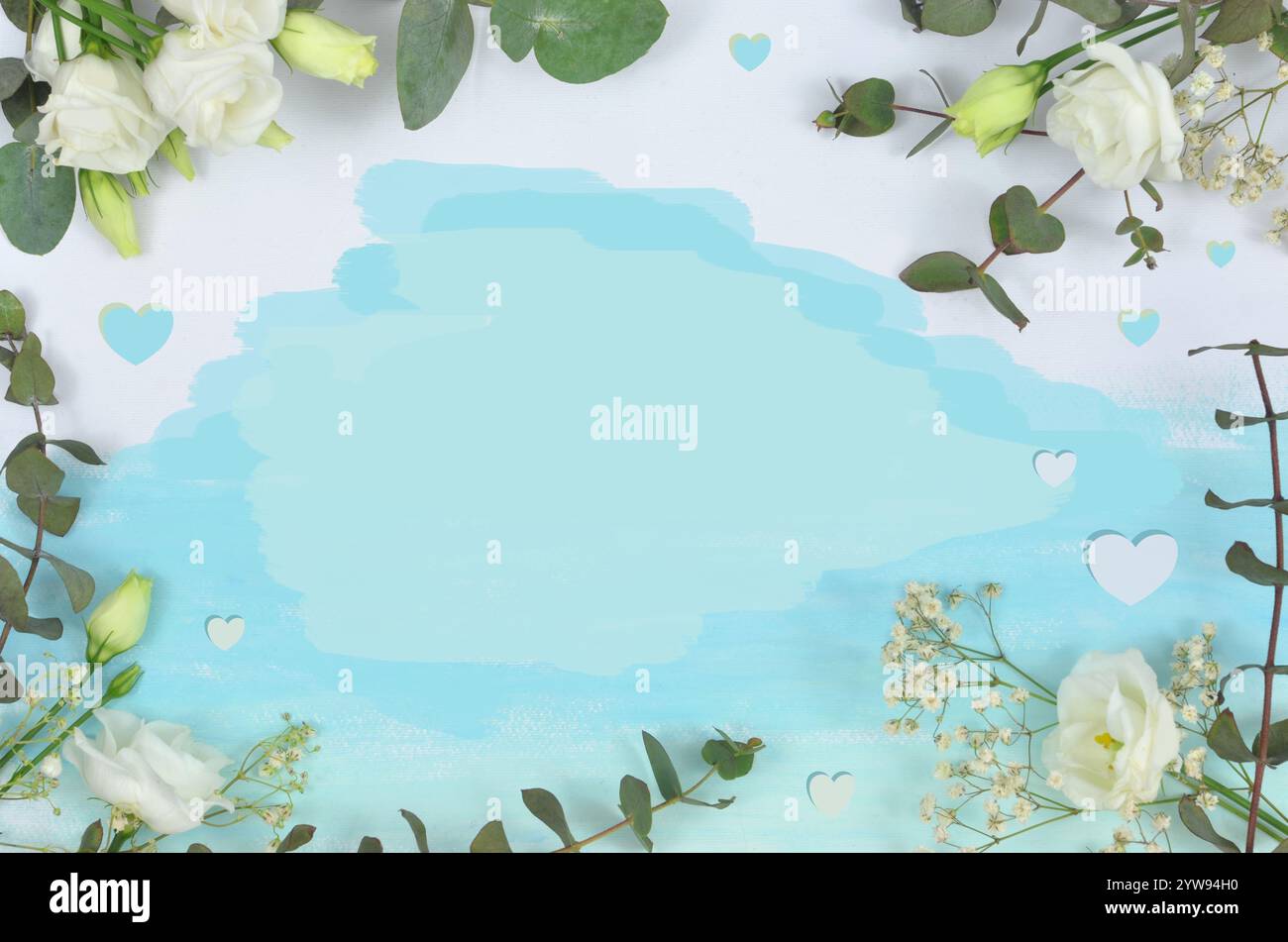 Blue and mint painted background, floral frame and empty space to fill ...