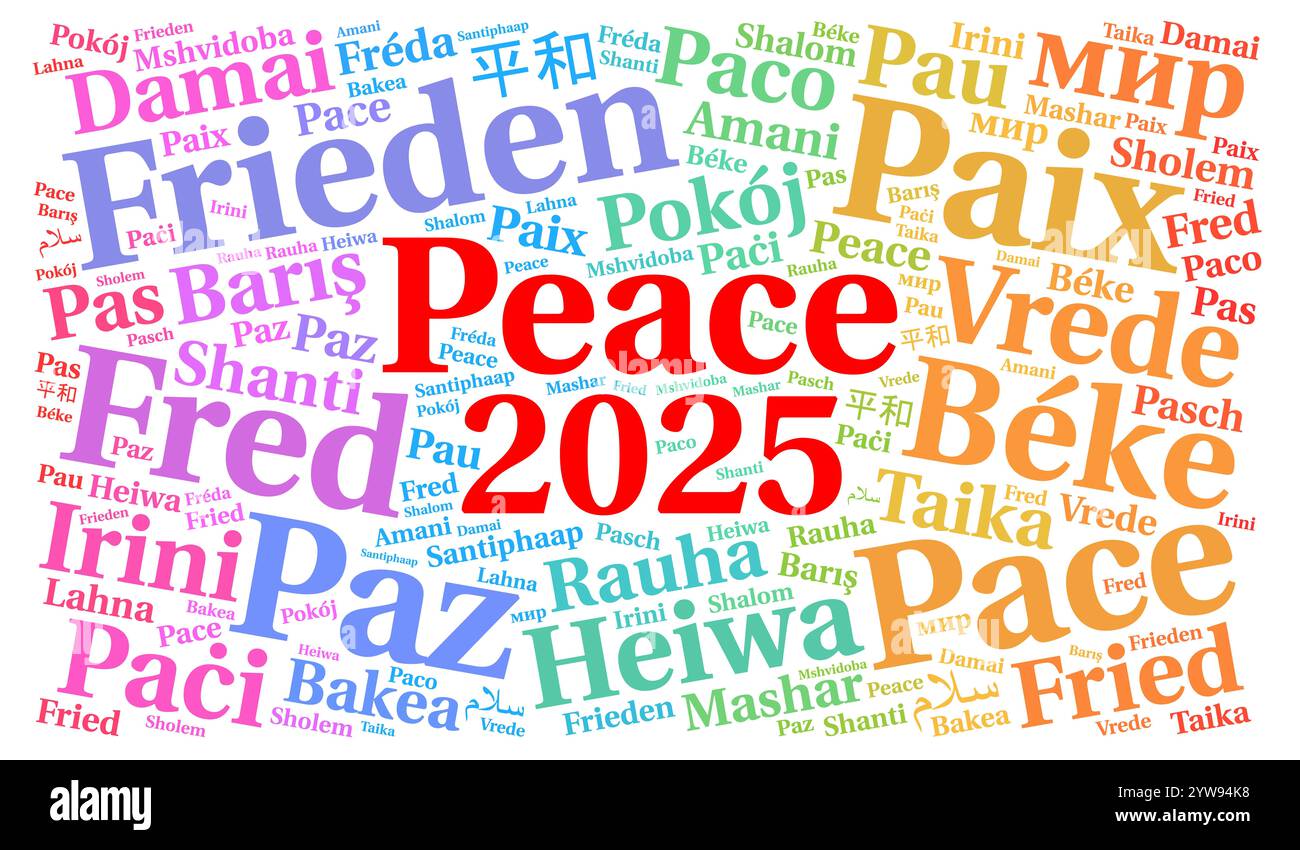 Peace 2025 word cloud in different languages Stock Photo - Alamy