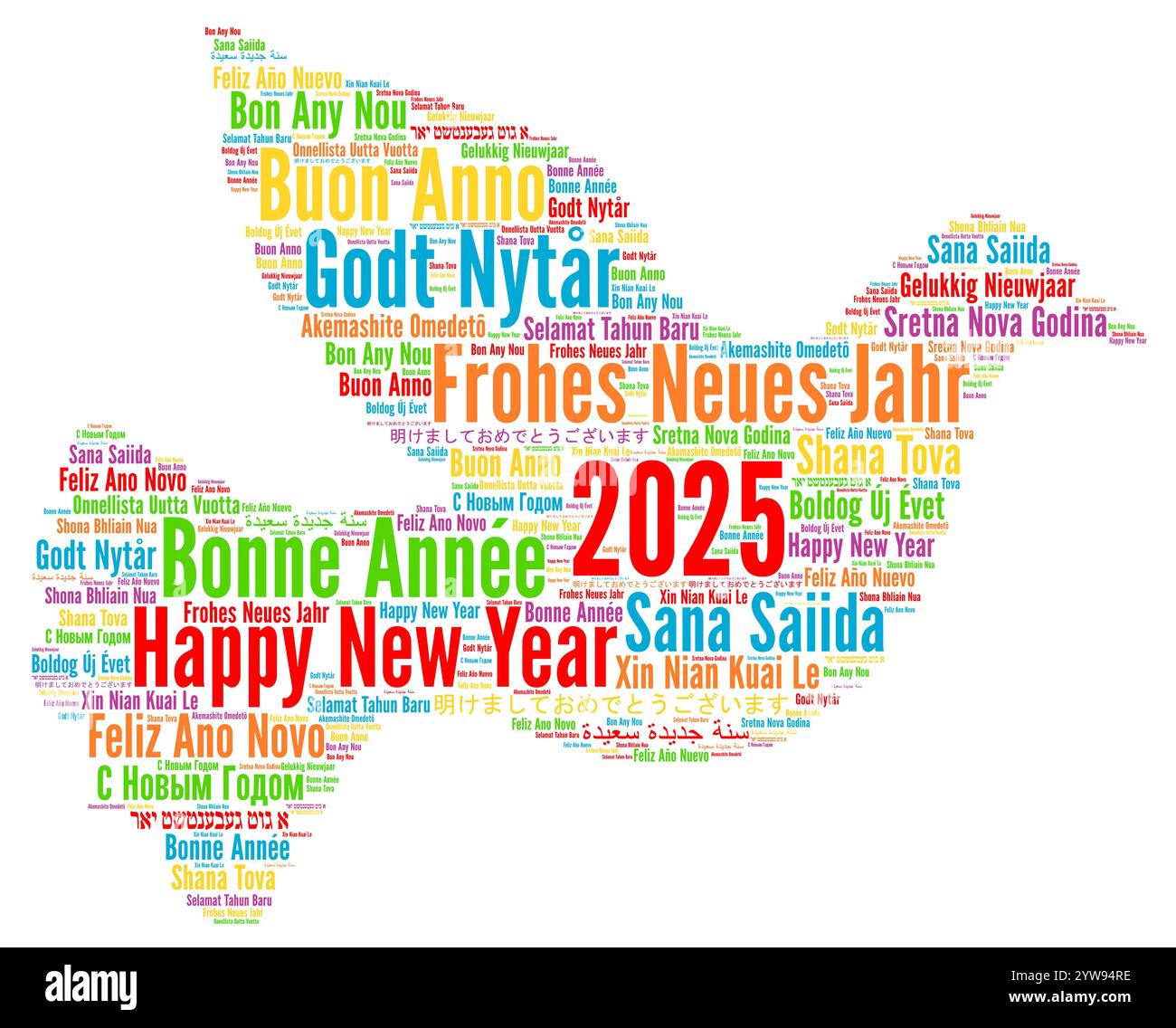 Happy New Year 2025 word cloud in different languages Stock Photo - Alamy