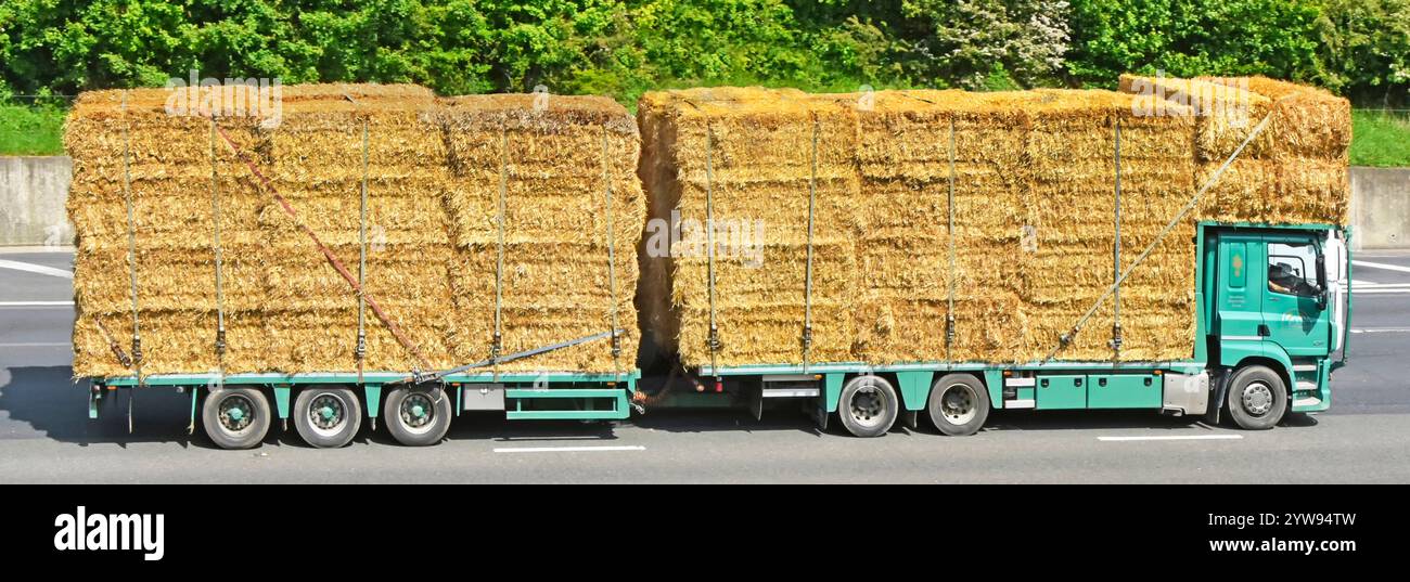 Side view green flat bed lorry truck towing flatbed trailer loaded with ...