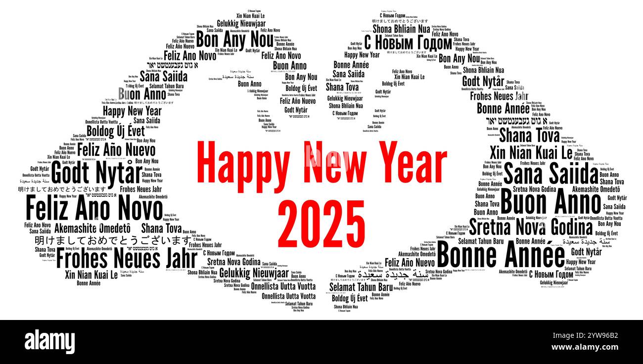Happy New Year 2025 word cloud in different languages Stock Photo - Alamy