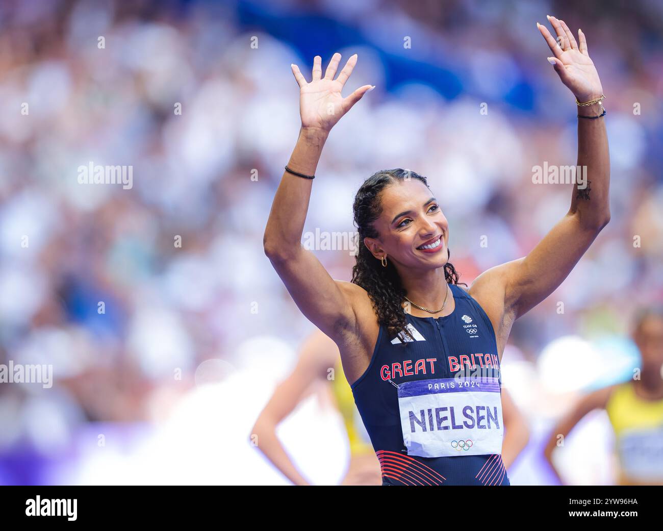 Laviai Nielsen participating in the 400 meters at the Paris 2024 ...