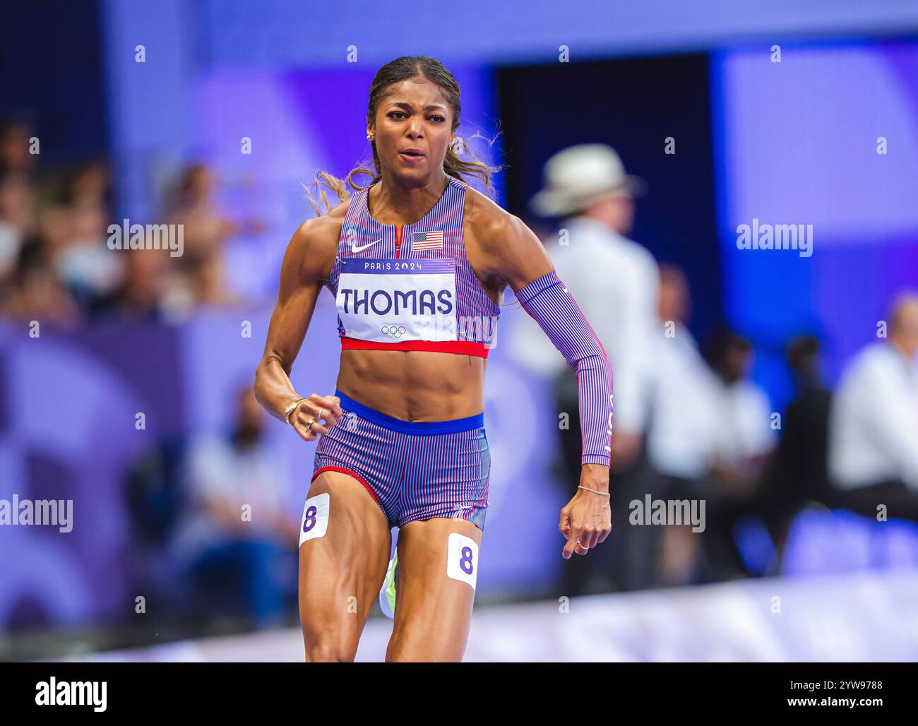 Gabrielle Thomas participating in the 200 meters at the Paris 2024 ...