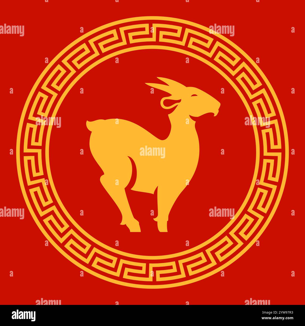 Golden goat circle antique ornamental frame Chinese New Year monochrome ...