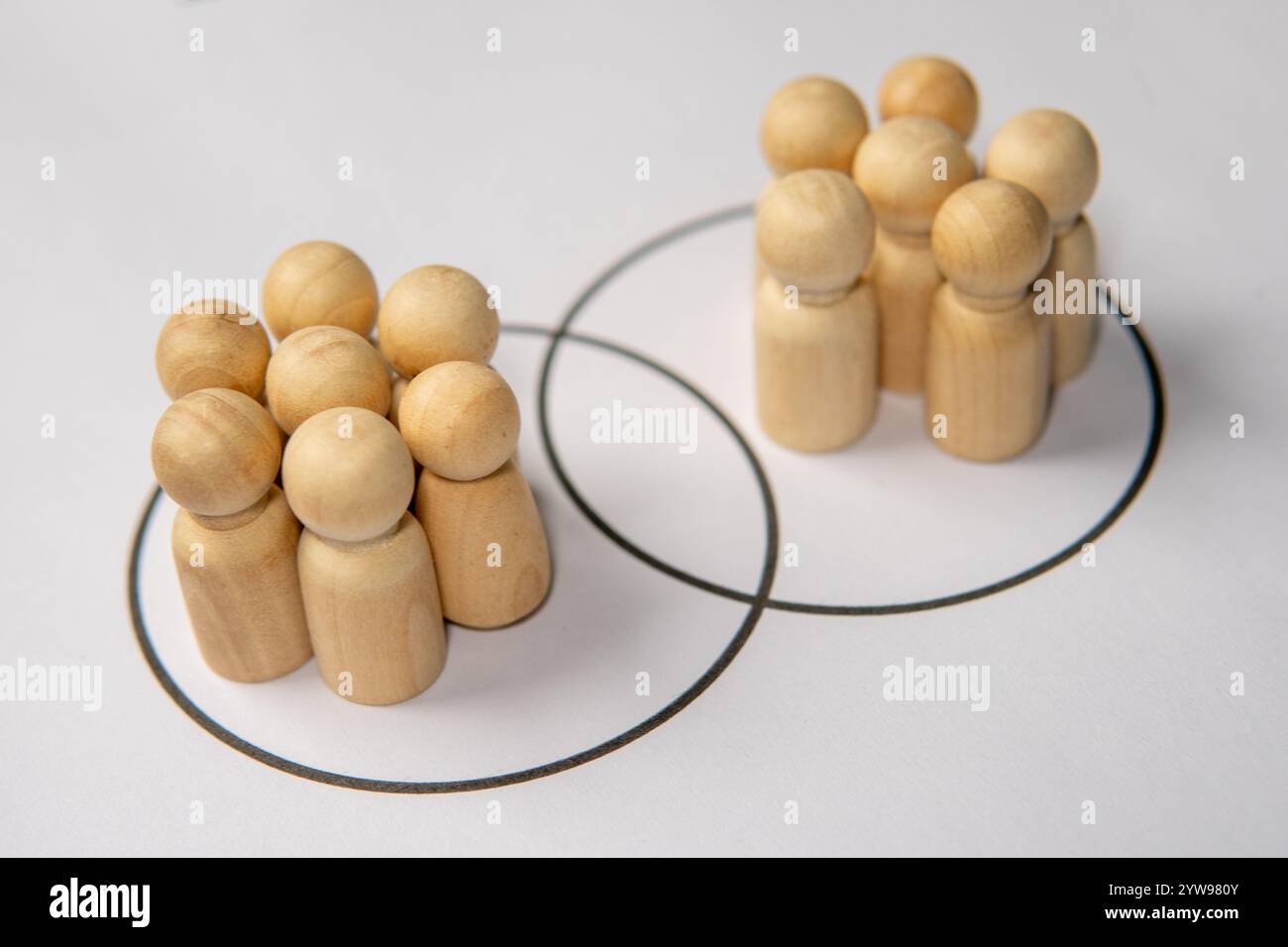 Two groups of wooden figurine are placed within overlapping circles ...