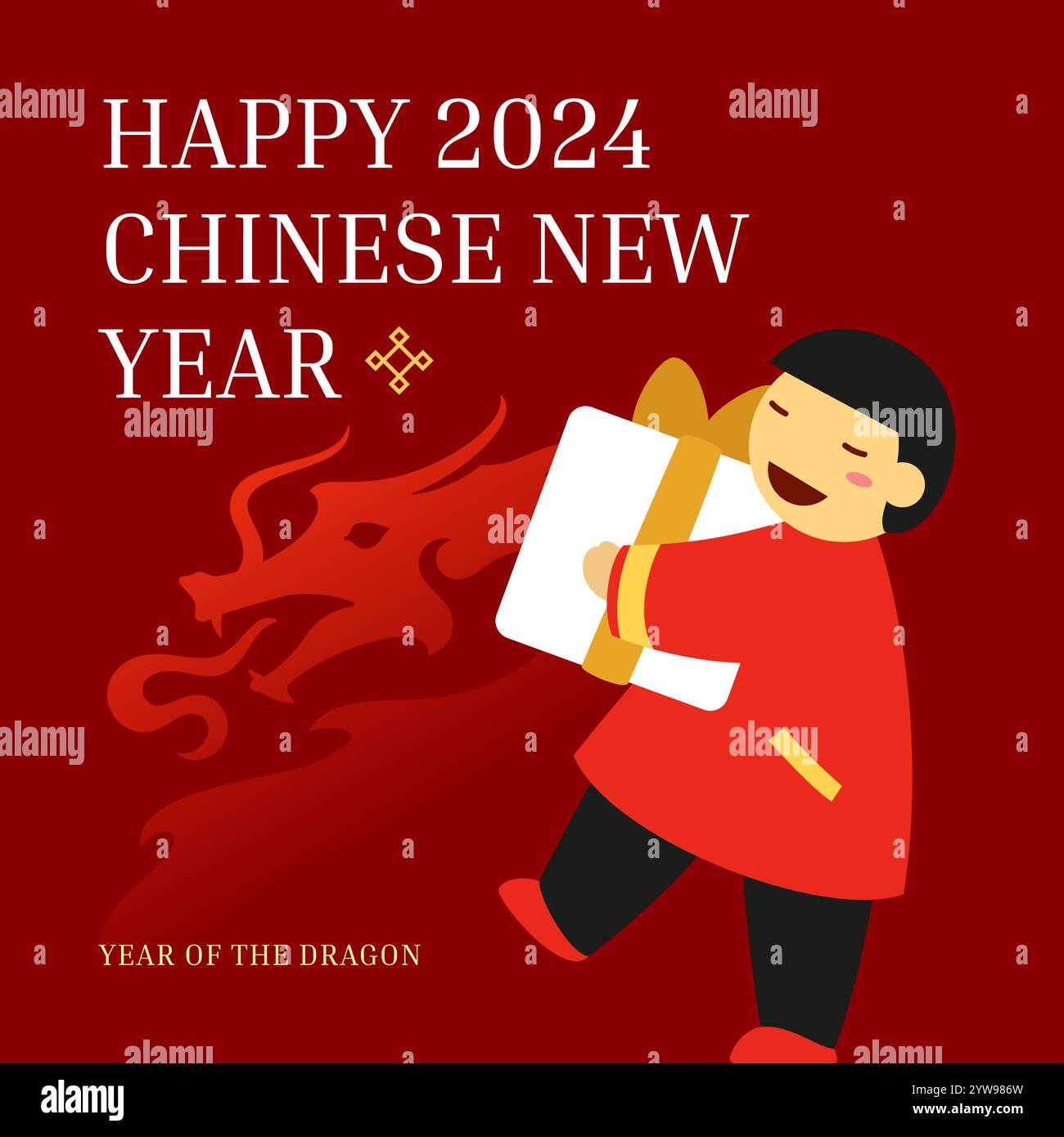 Chinese new year 2024 red greeting card design template boy kid with ...