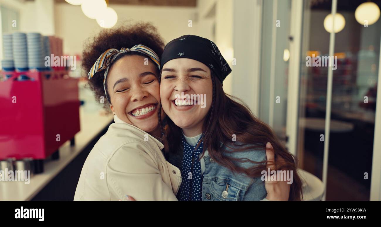 Friends, women and happy in coffee shop with hug, care and bonding at ...