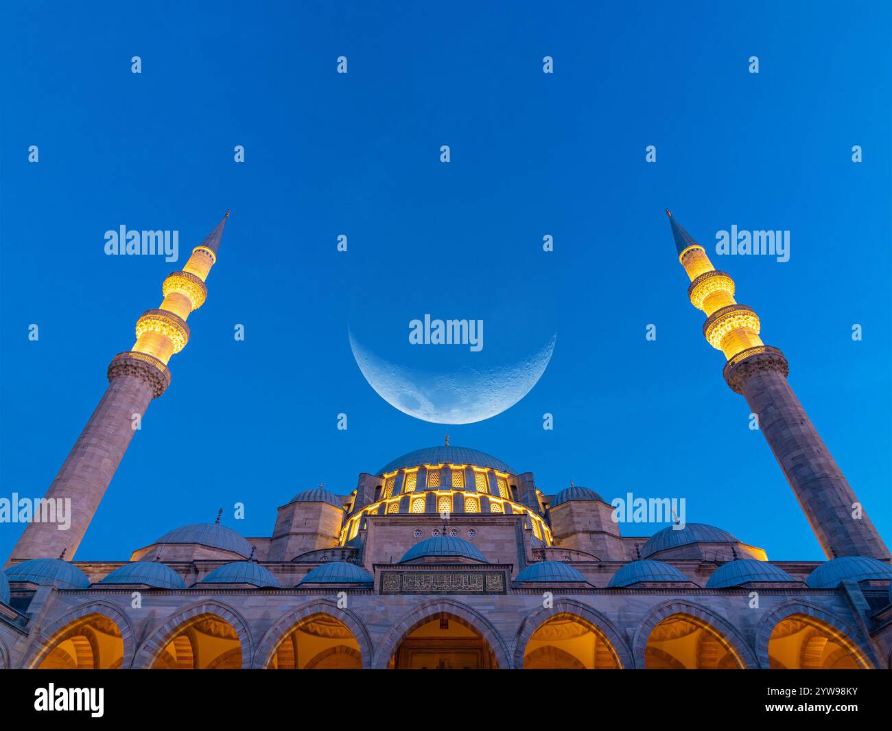 Suleymaniye Mosque with crescent moon. Ramadan or islamic concept ...