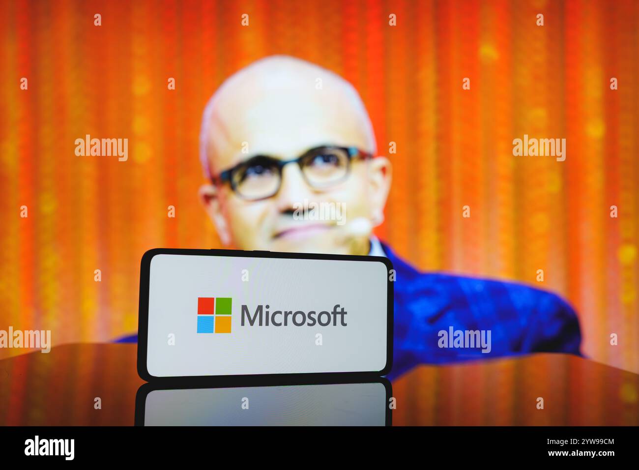 Microsoft corporation logo and company CEO Satya Nadella in the background. December 1, 2024 ...
