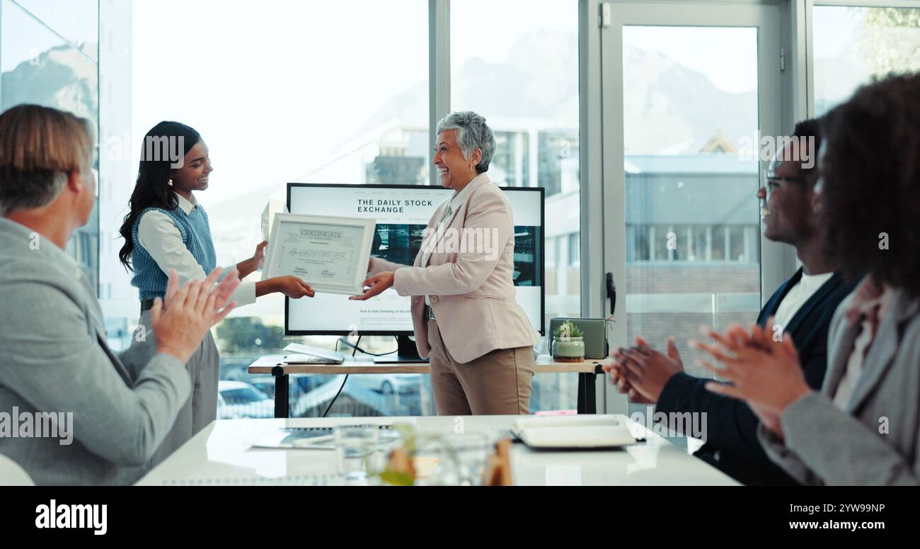 Business people, team applause and ceo with award for congratulations ...