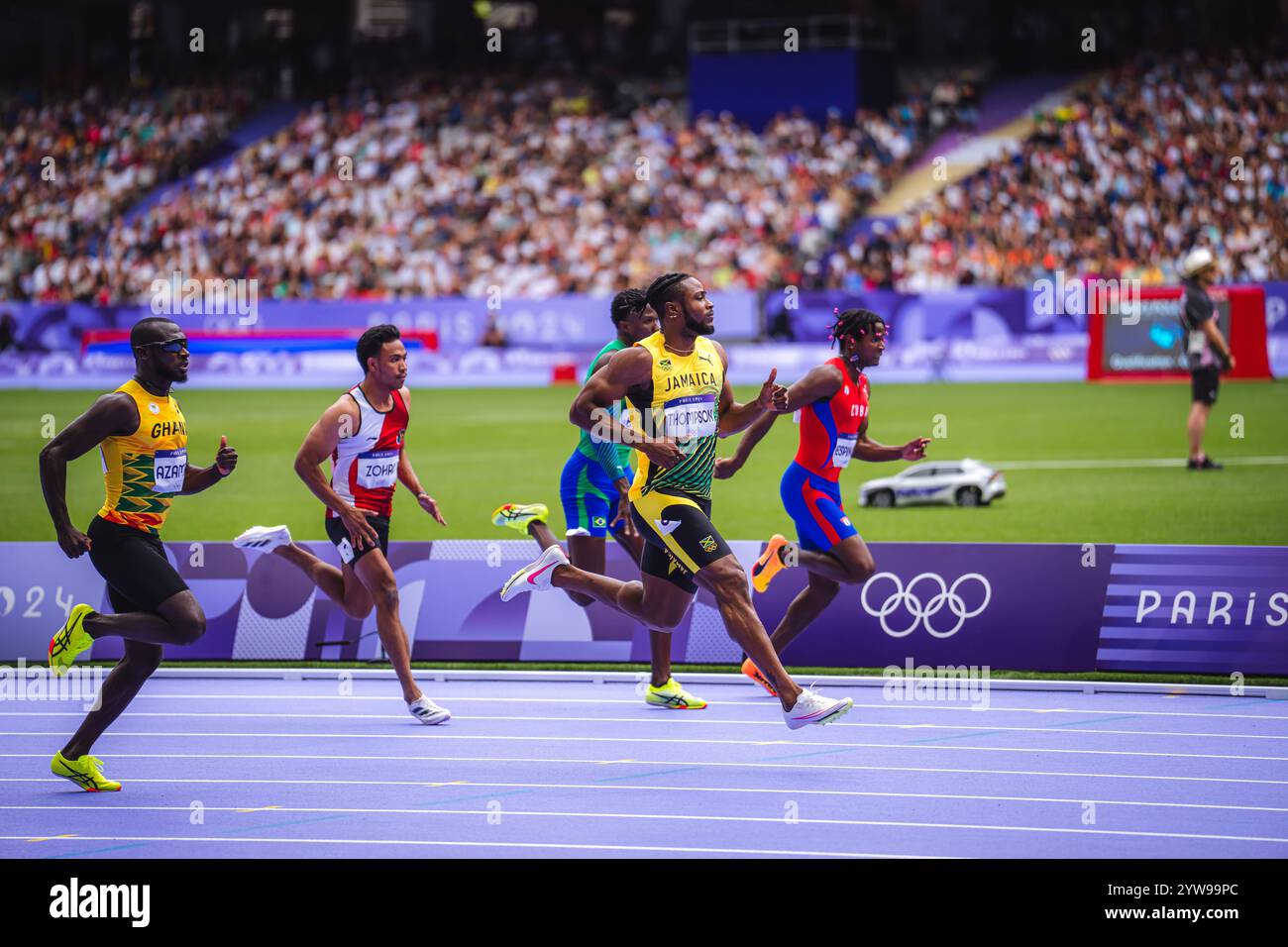Kishane Thompson participating in the 100 metres at the Paris 2024 ...