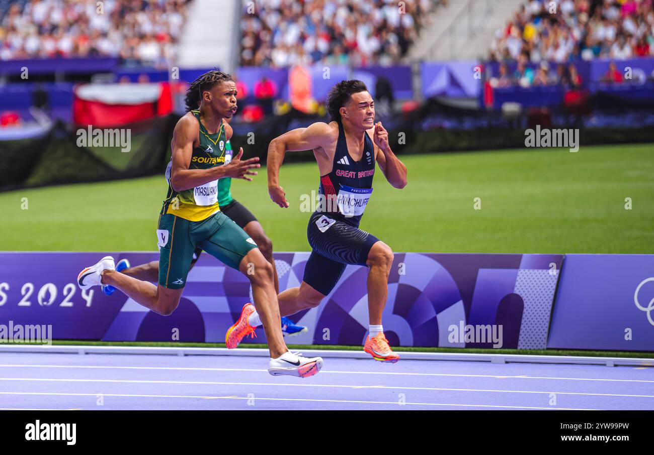 Louie Hinchliffe participating in the 100 metres at the Paris 2024 ...