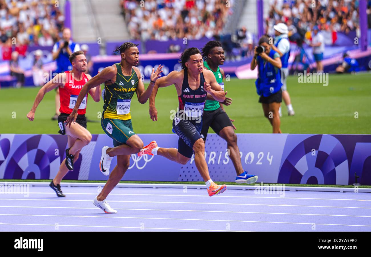 Louie Hinchliffe participating in the 100 metres at the Paris 2024 ...