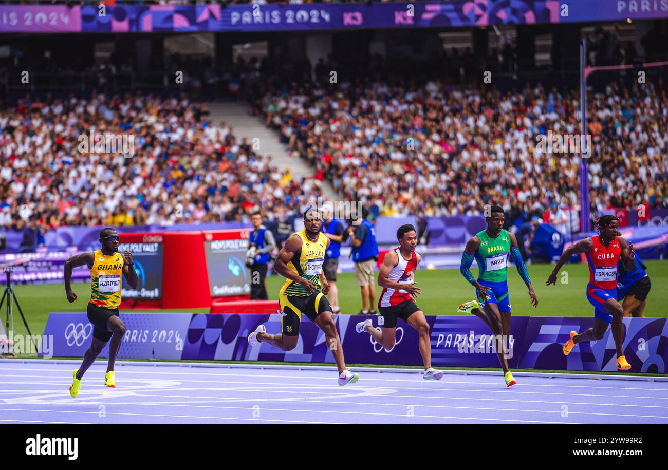 Kishane Thompson participating in the 100 metres at the Paris 2024 ...