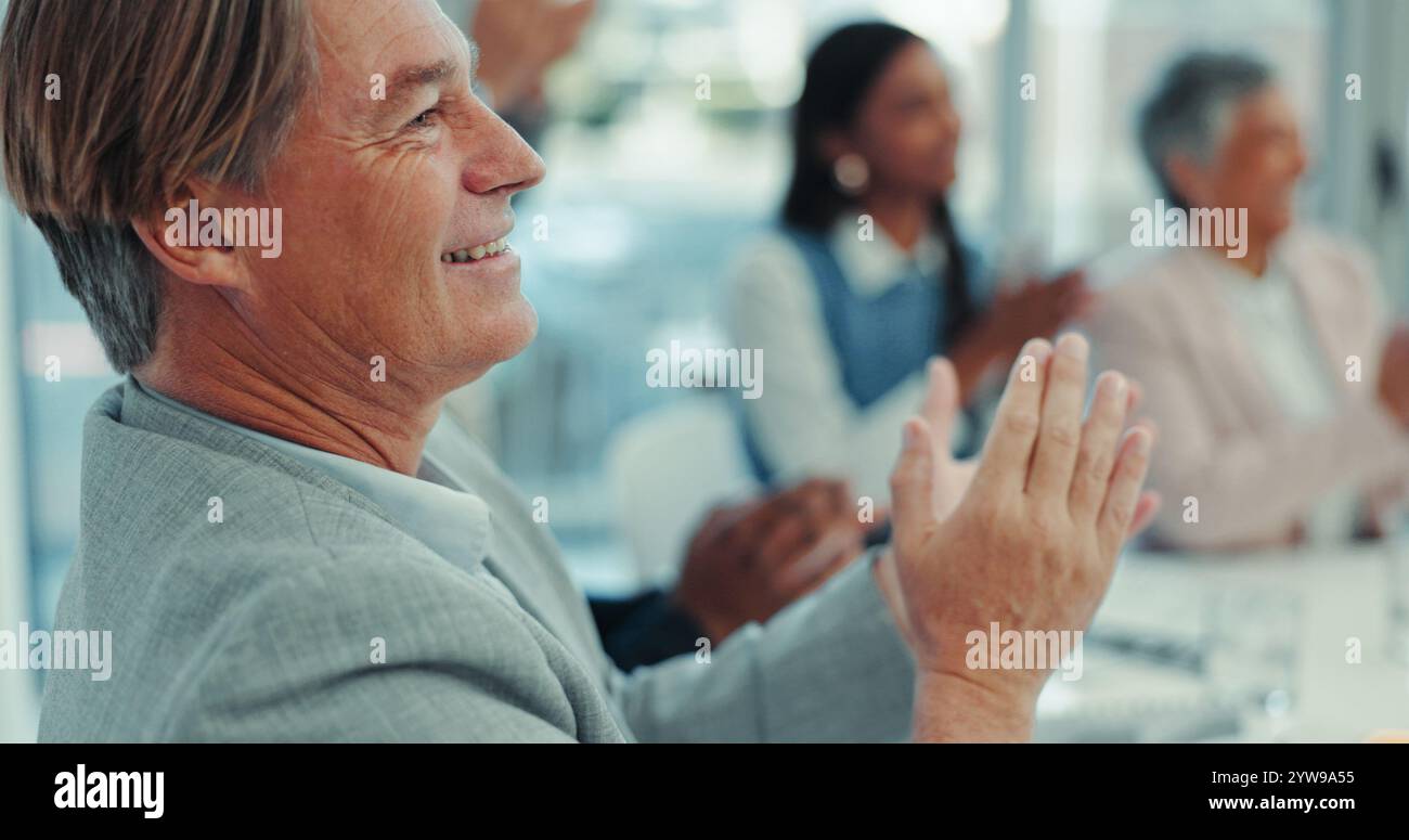 Smile, business man and applause at meeting to celebrate success ...