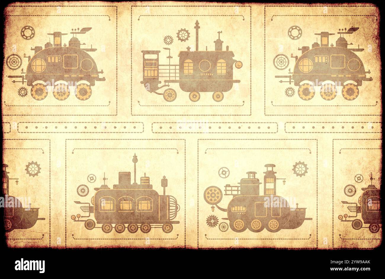 Background with grunge texture of retro paper and steam engine machines ...