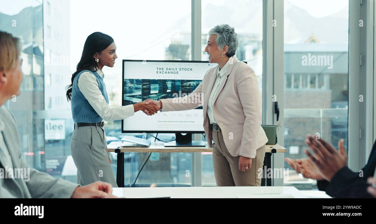 Business women, applause and handshake with ceo for support ...