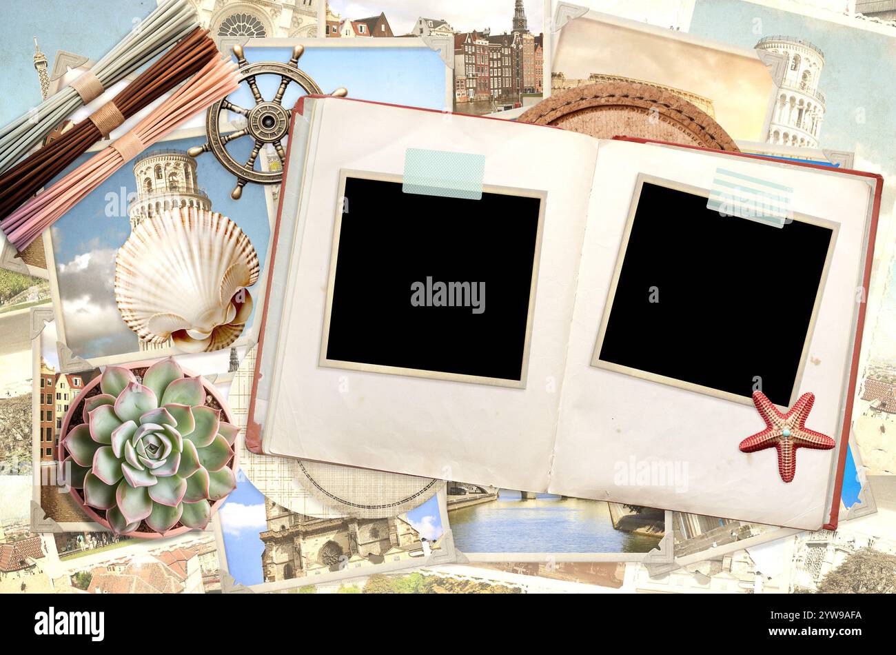 Vintage travel background with opened album with retro photo ...