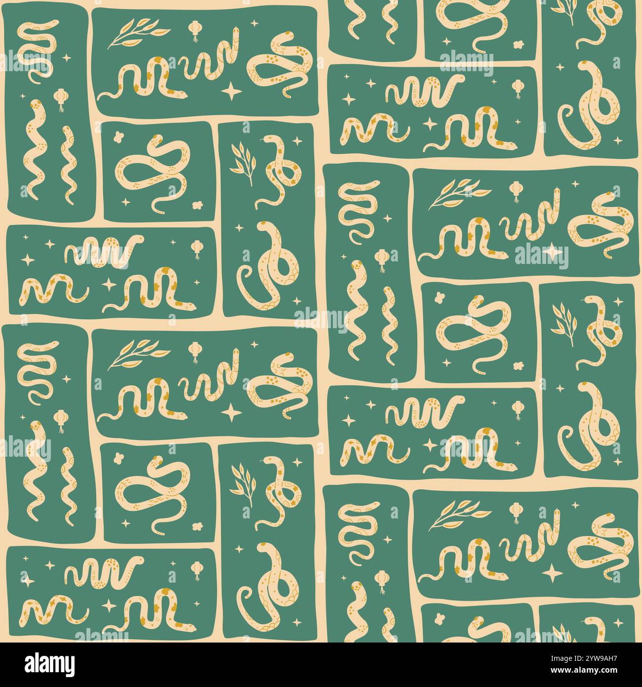 Zodiac green snakes bento grid seamless pattern. Chinese New Year. Cny ...