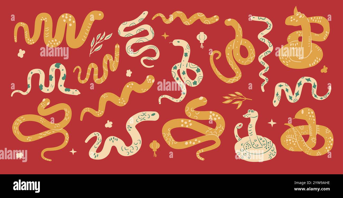 Green snake Chinese New Years symbol set. Cny zodiac snake lunar 2025 ...