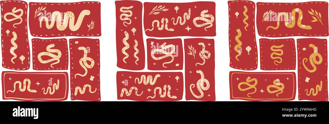 Snake Chinese New Years square emblem symbols set. Cny zodiac snake ...