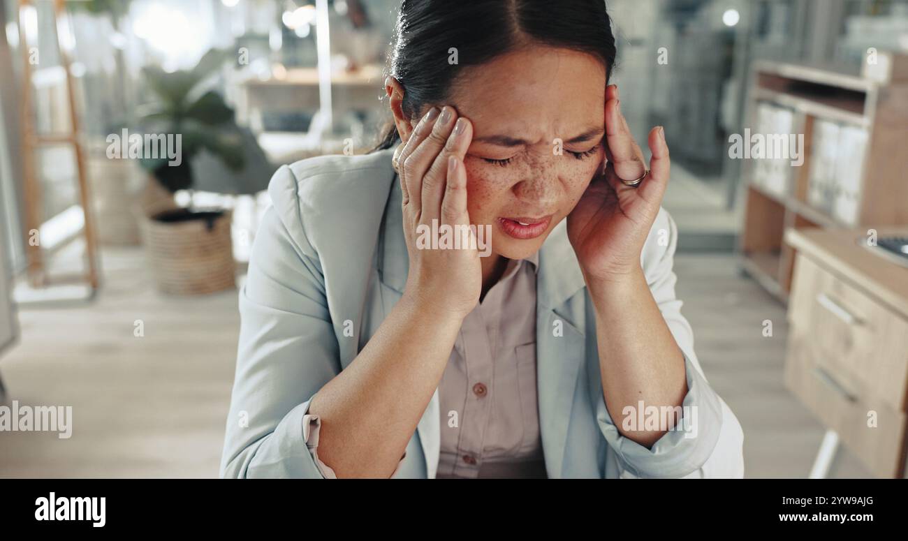 Asian woman, headache and vertigo with stress for overworked, tension ...