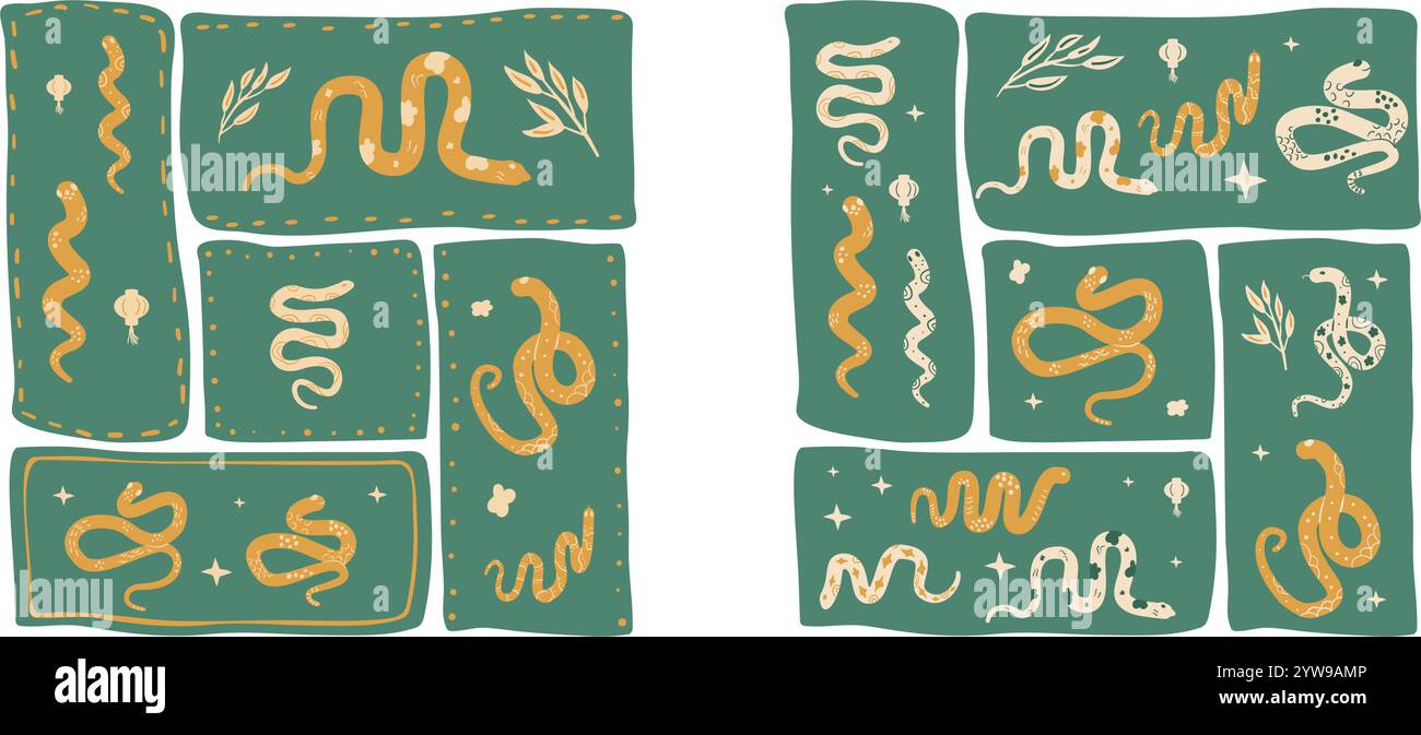 Green snake Chinese New Years square emblem symbols set. Cny zodiac ...