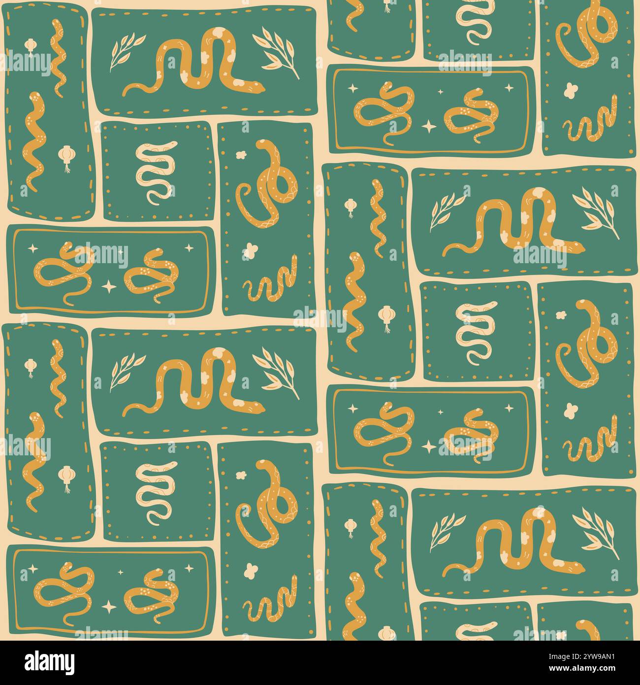 Chinese New Year seamless pattern. Zodiac green and gold snakes bento ...