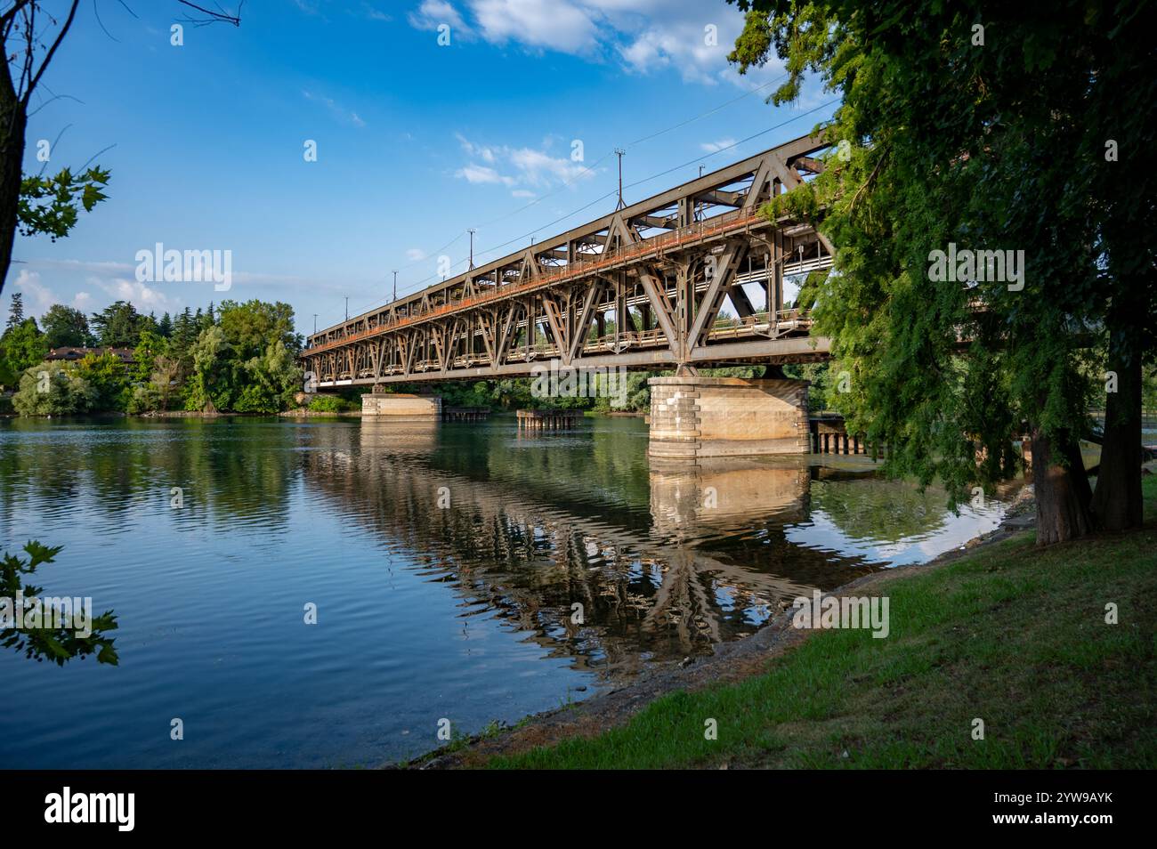 A close-up view of the iconic railway bridge in Sesto Calende ...
