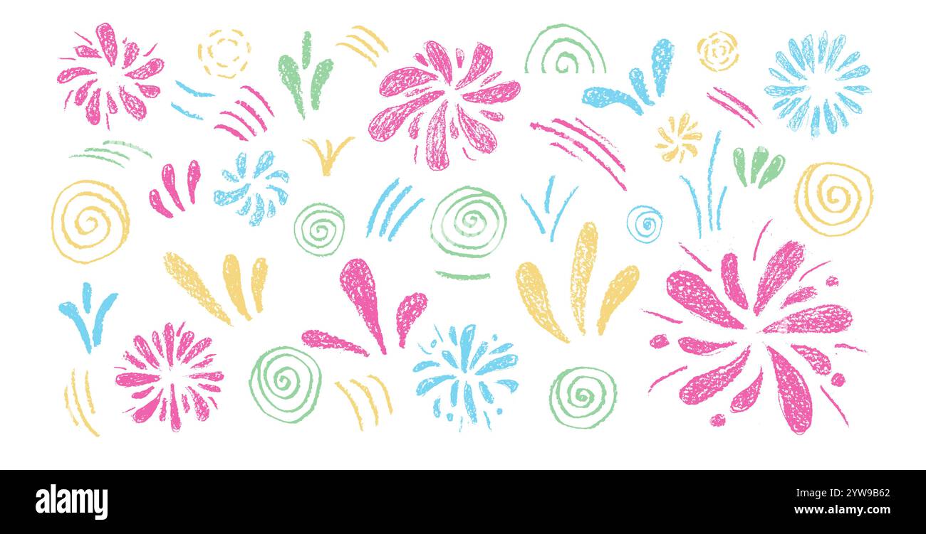 Colorful firework in crayon style set. Holiday party firecrackers and ...