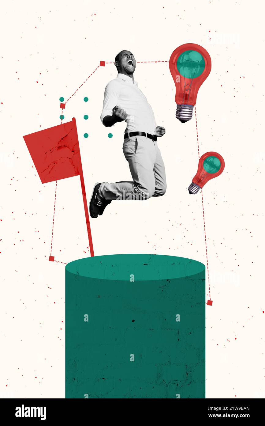 Sketch template design 3D photo collage composite of young man jump ...