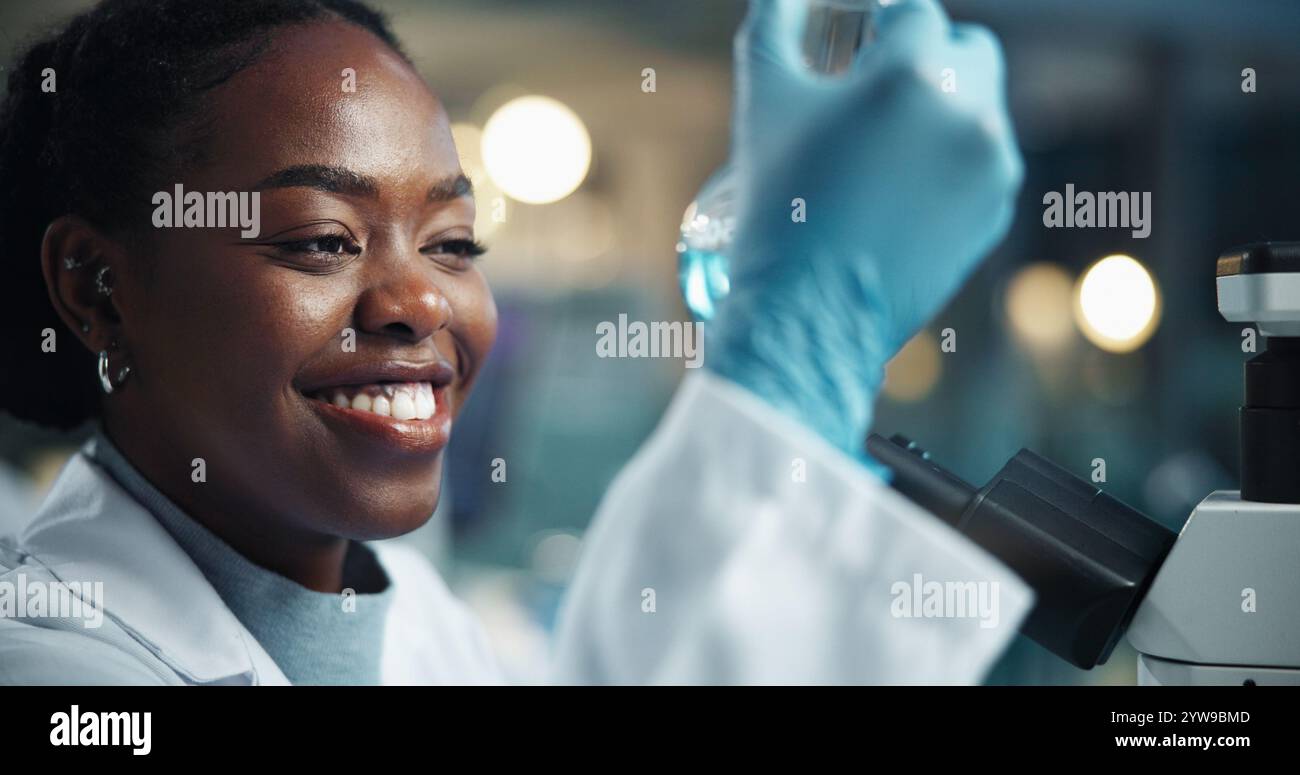 Scientist, black woman and beaker with microscope for chemistry ...