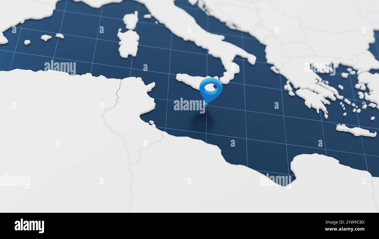 Blue Malta 3d map with pointer pin surrounded with other countries in ...