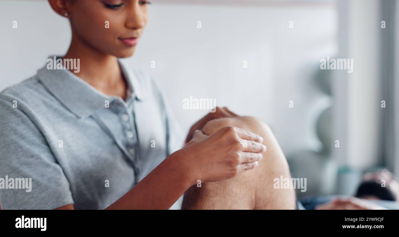 Massage, physiotherapy and knee pain with people in clinic for deep ...