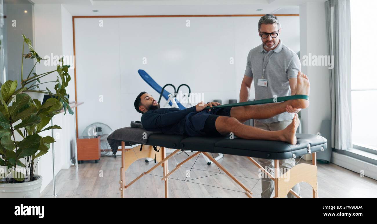 Physical therapy, people and resistance band for stretching legs at ...