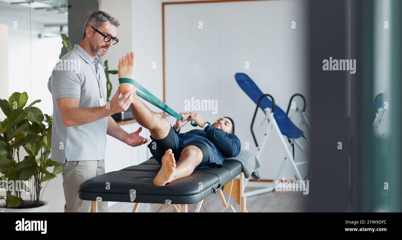 Chiropractor, people and band for stretching legs at clinic, helping ...