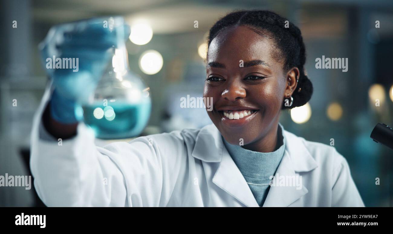 Scientist, black woman and beaker with smile for biochemistry ...