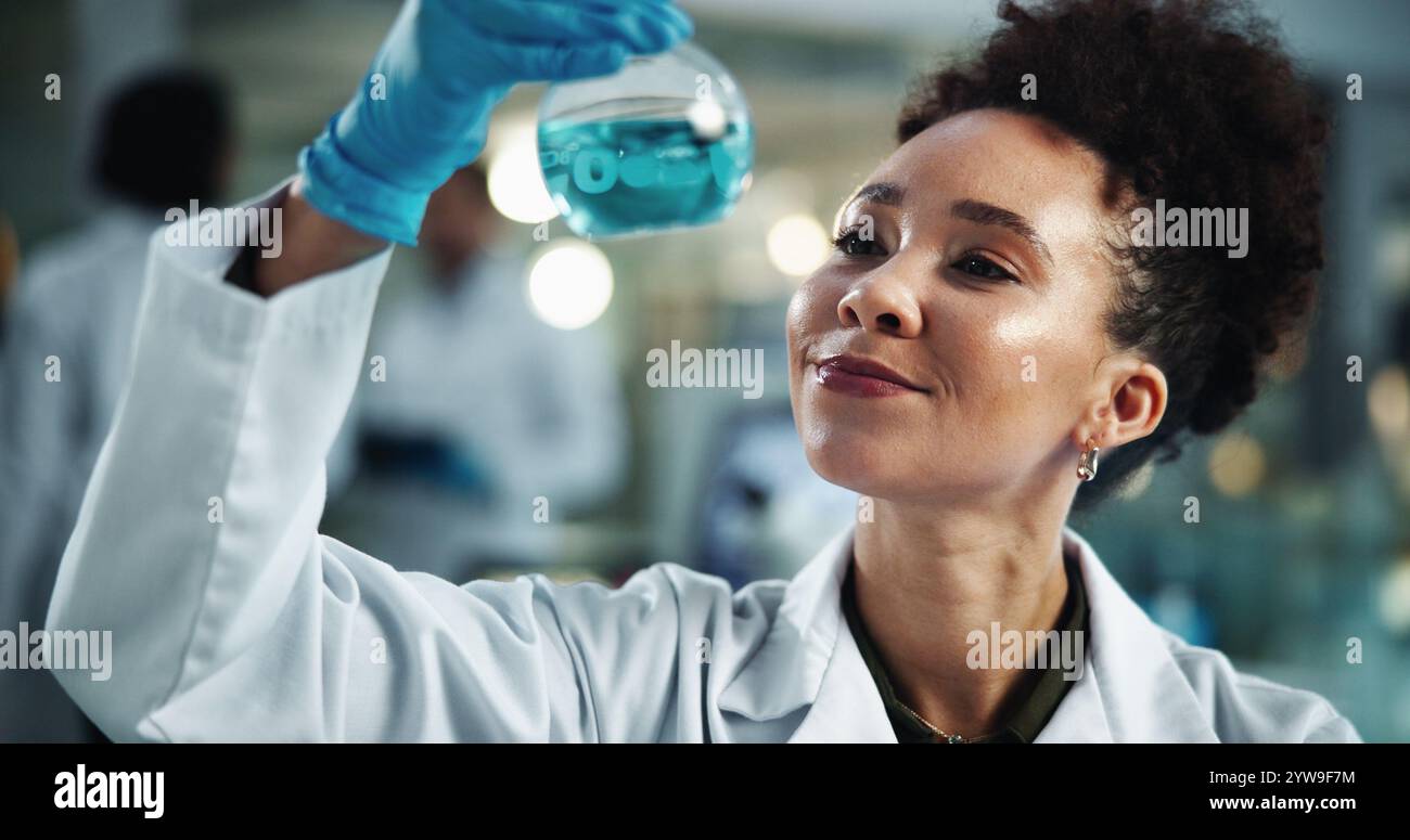 Scientist, woman and smile with chemical beaker for biochemistry ...