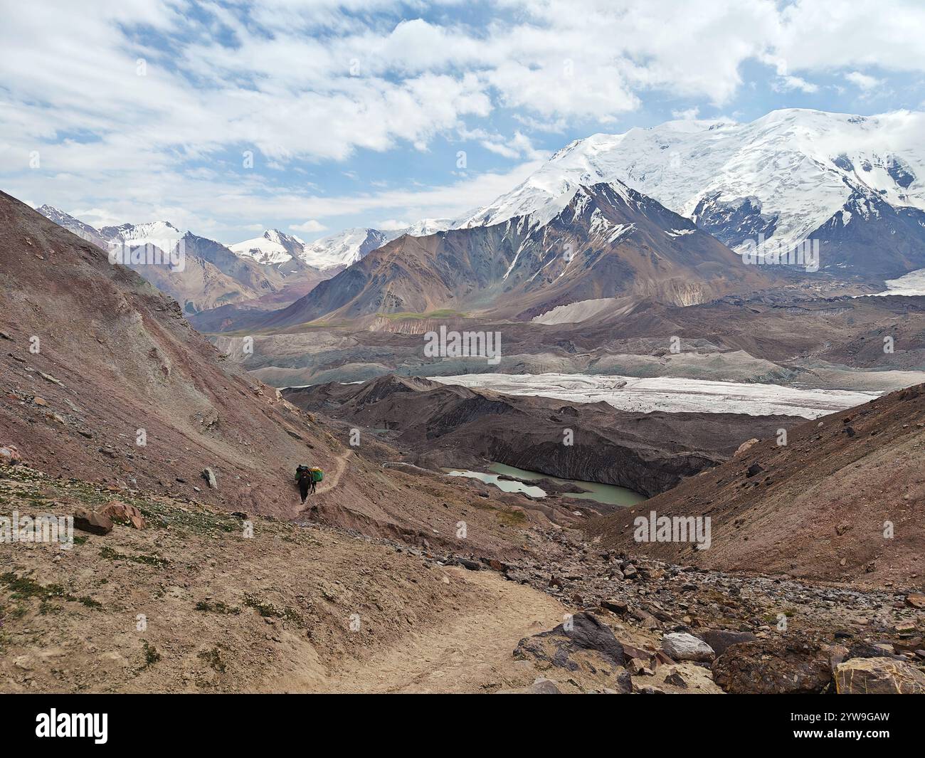 Hiker traverses a rocky path surrounded by towering snow-capped peaks ...