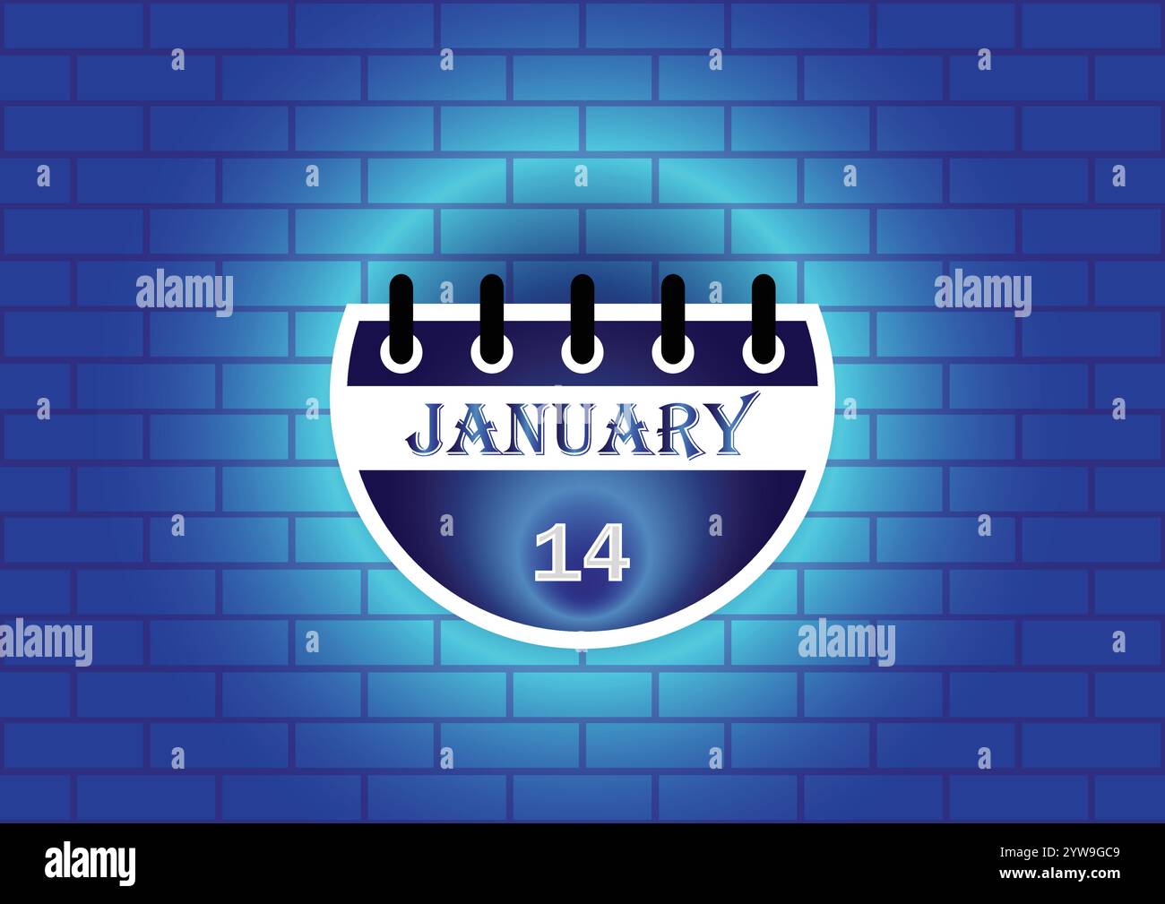 January 14 calendar sign on blue neon brick wall background. Flat ...