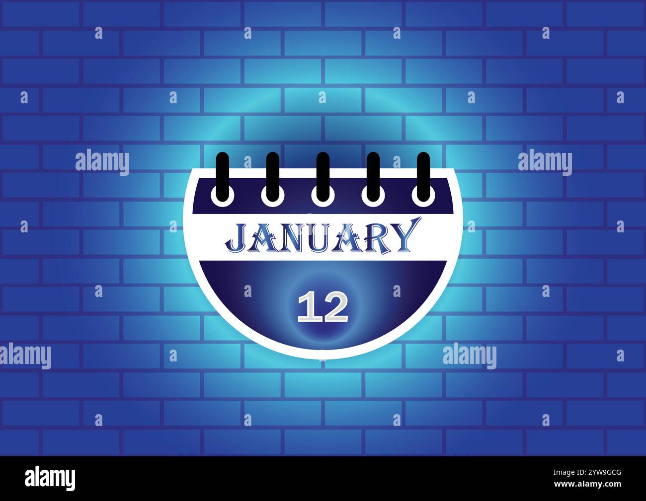January 12 calendar sign on blue neon brick wall background. Flat ...