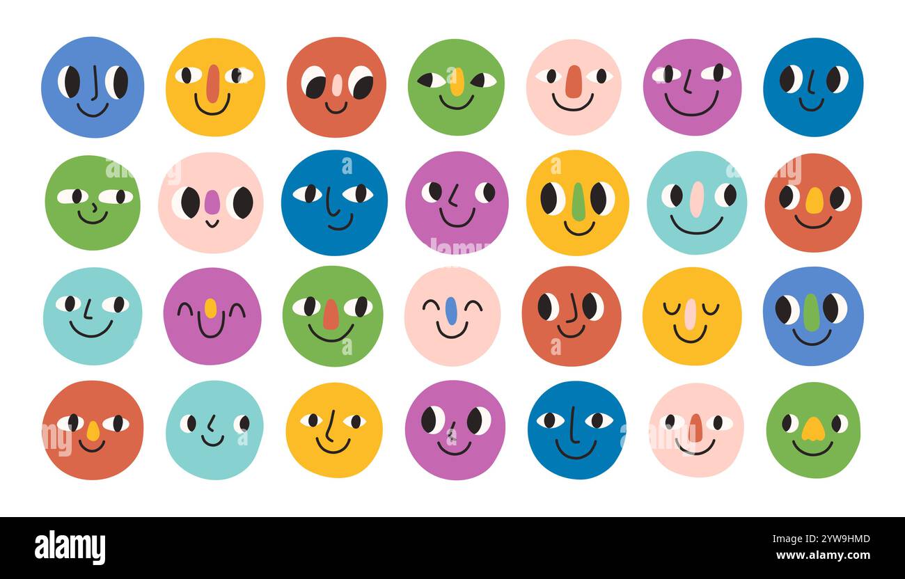Doodle colorful face set. Abstract smiling faces. Crayon drawing ...