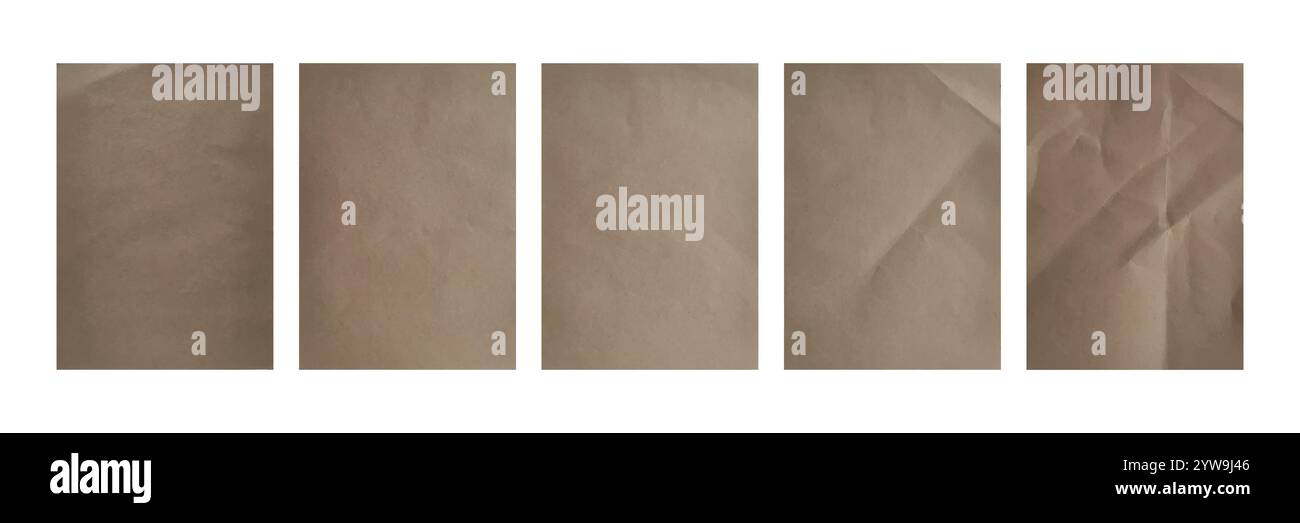 Crumpled kraft paper pages set, brown scraps of old crumpled parchment ...
