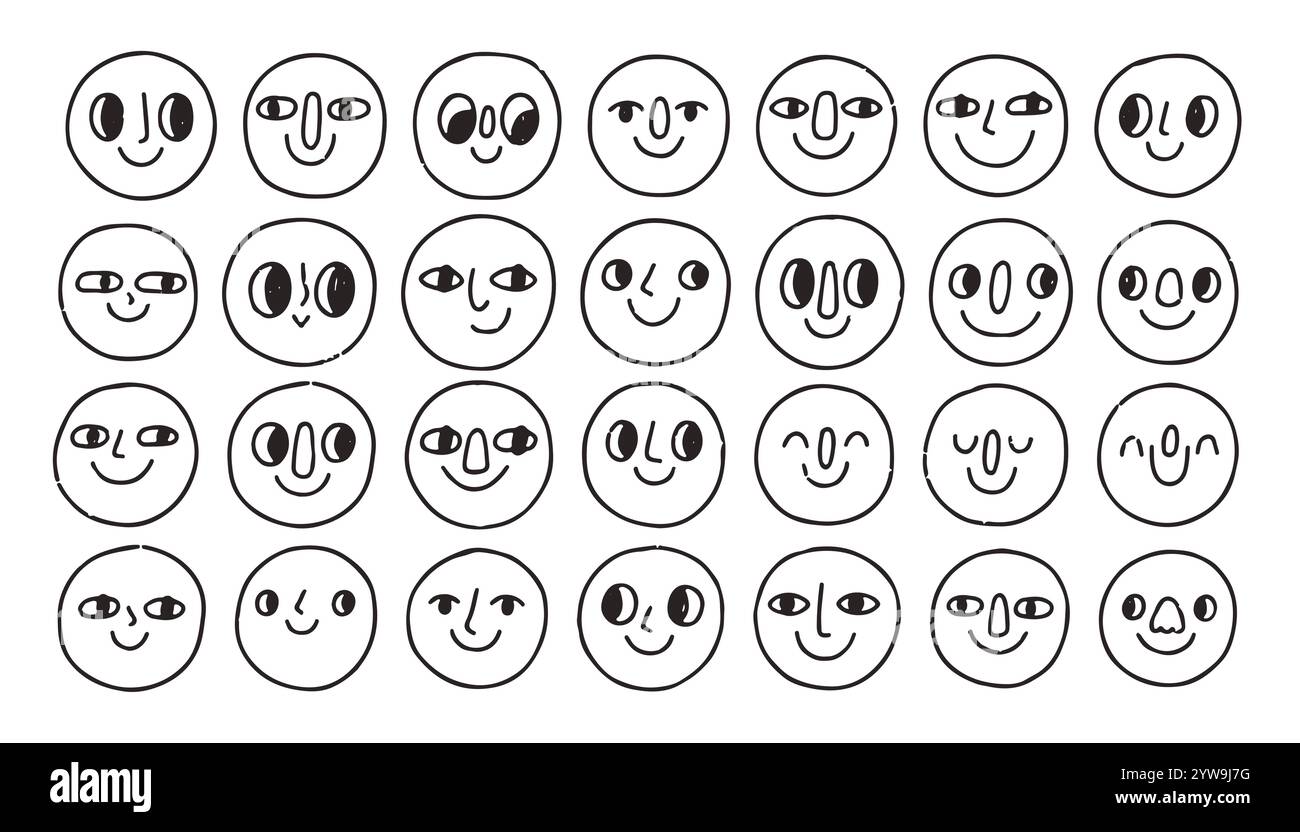 Doodle face set. Abstract comic smiling faces. Crayon drawing style ...