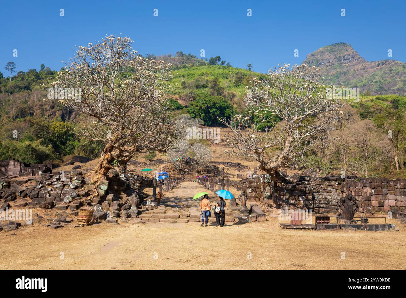Ruins of the Khmer Hindu site of Wat Phou under Phou Khao mountain ...